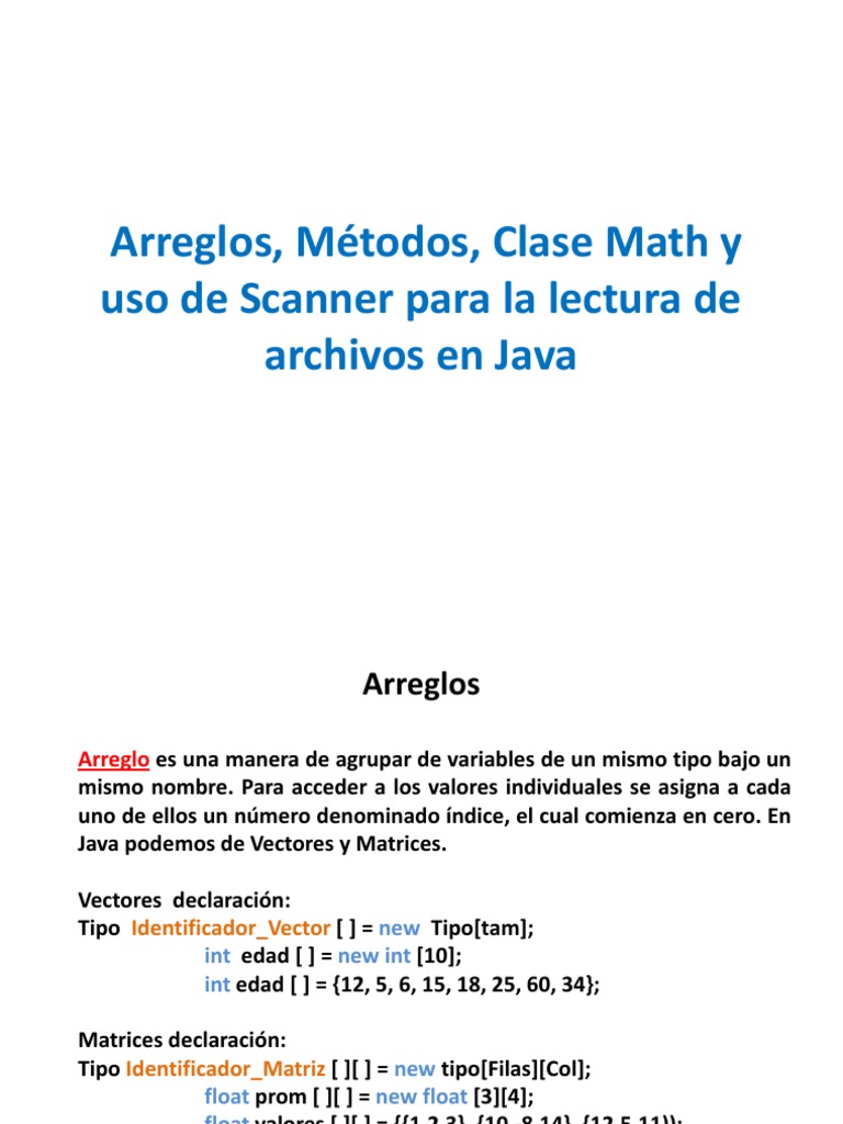 Arreglos en Java - Clase - Math - Uso Scanner Con Archivos | PDF ...