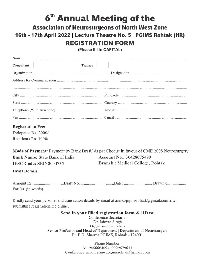Association of Neurosurgeons of North West Zone Registraion Form | PDF