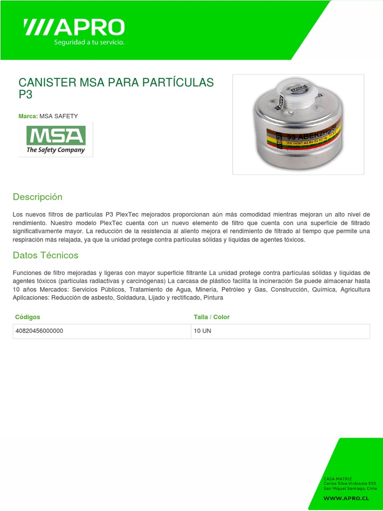 Filtros de Partículas P3 MSA PlexTec | PDF | Hogar, jardinería y ...