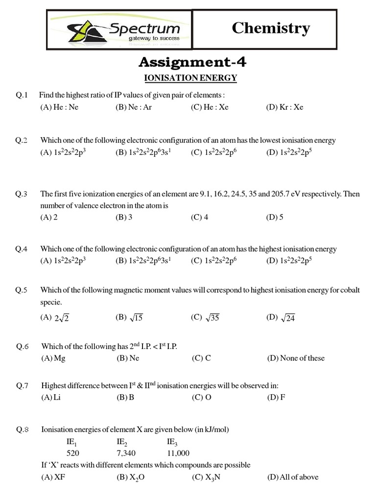 Periodic Table Assignment-4 | PDF | Ionization | Chemistry