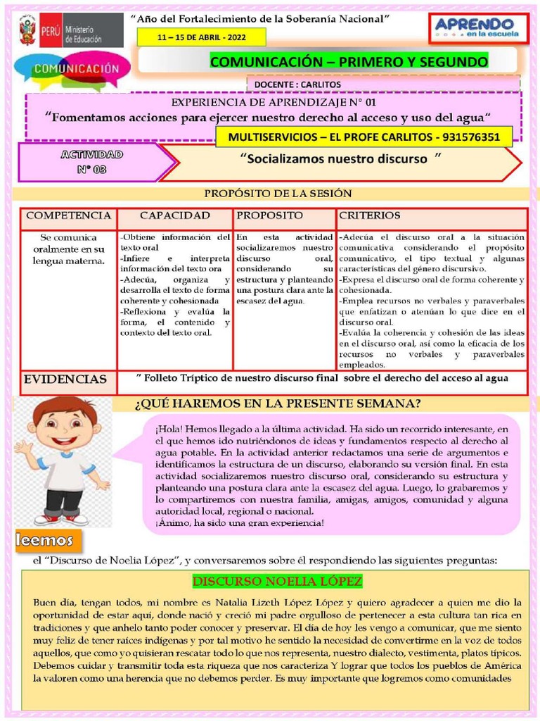 Experiencia de Aprendizaje 1 - Actividad 3 - 1ero y 2do Grado - Comunicacion | PDF