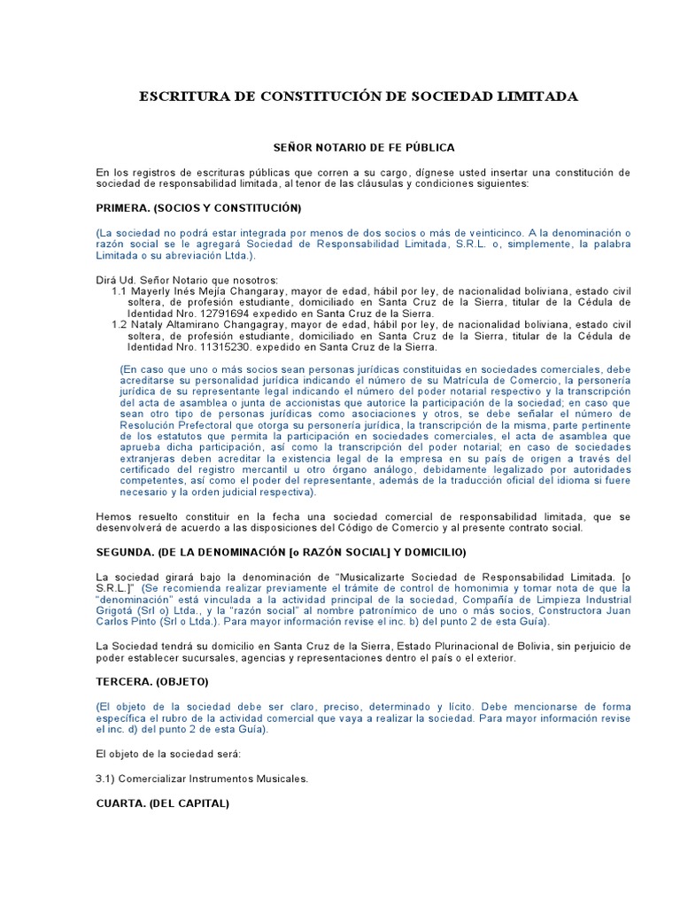 Ejemplo Escritura de Constitución de Sociedad de Responsabilidad Limitada | PDF