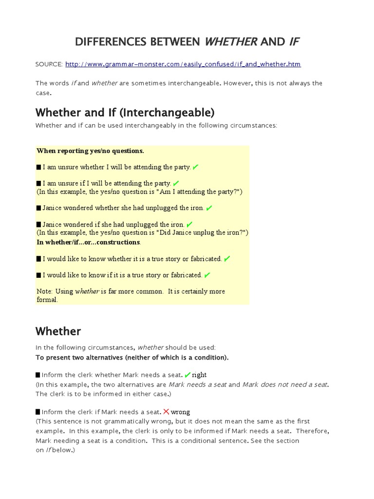 Differences Between Whether and If | PDF | Preposition And Postposition ...