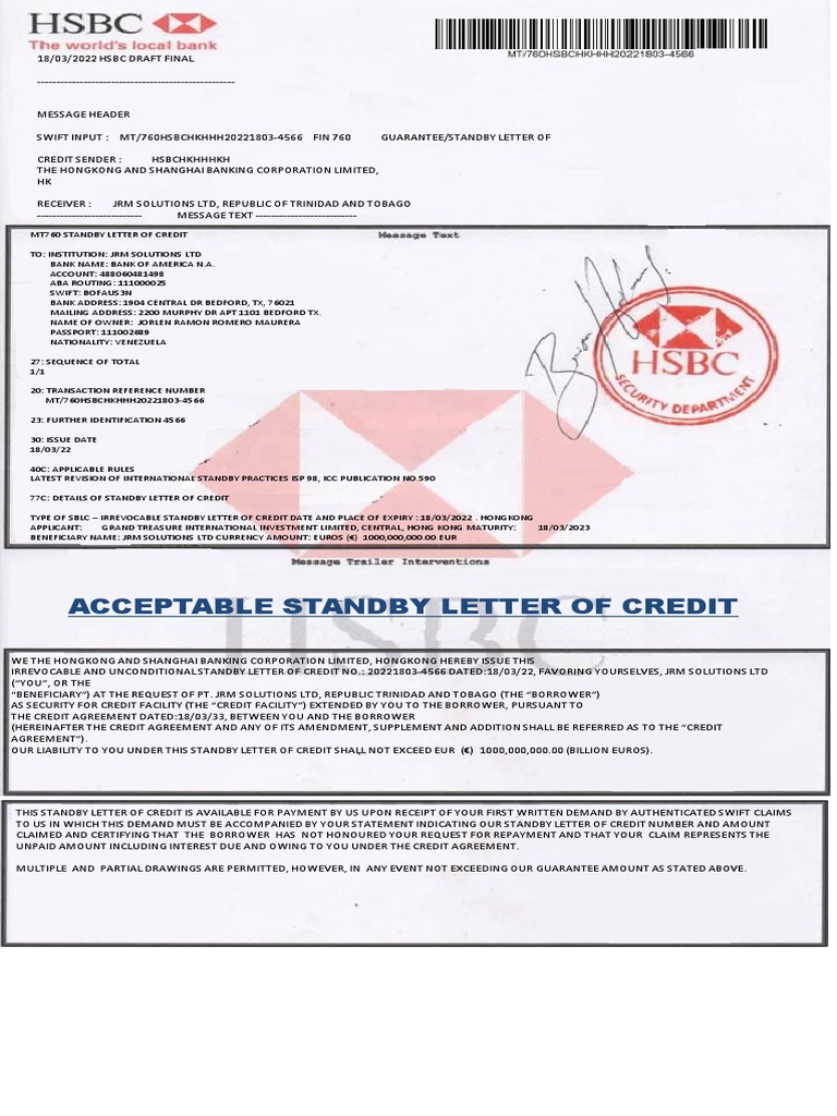 SBLC Rwa JMR Solutions LTD 20220318 | PDF | Letter Of Credit | Finance ...