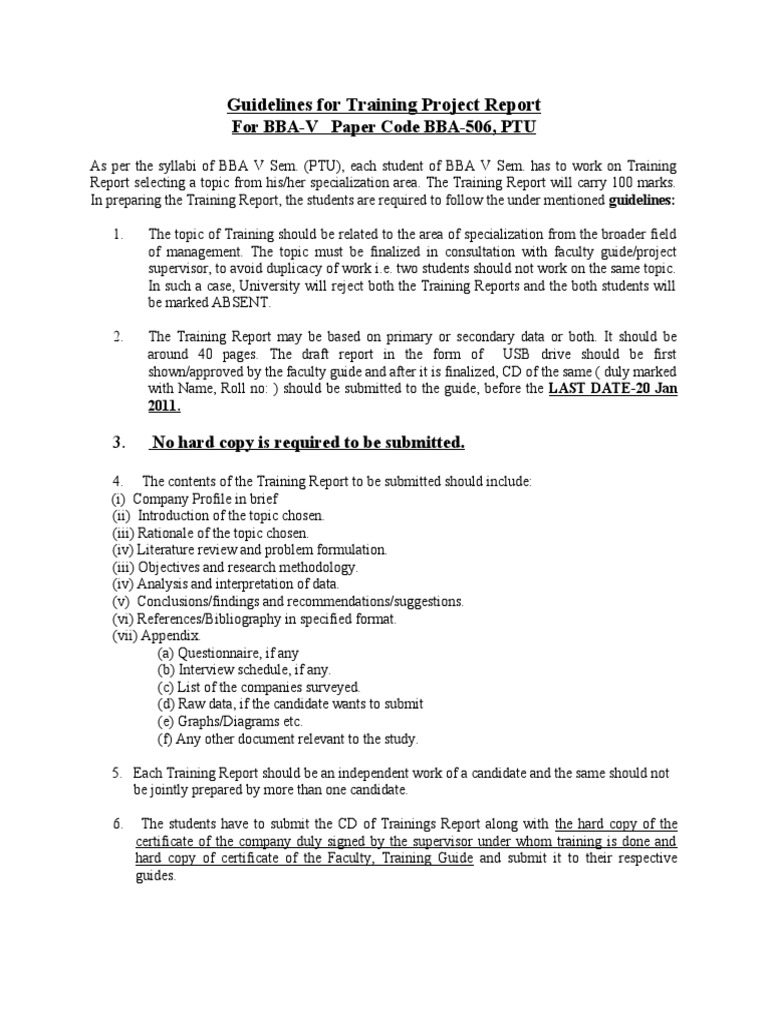 Guidelines For Training Project Report. | PDF