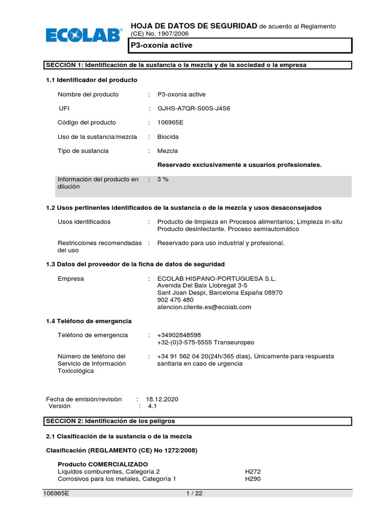 24603FS-P-3 Oxonia Active Desinfectant | PDF | Agua | Toxicidad