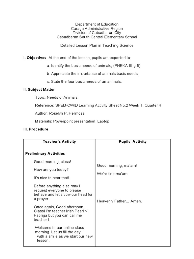 Basic Needs of Animals Detailed Lesson Plan | PDF | Teachers | Lesson Plan