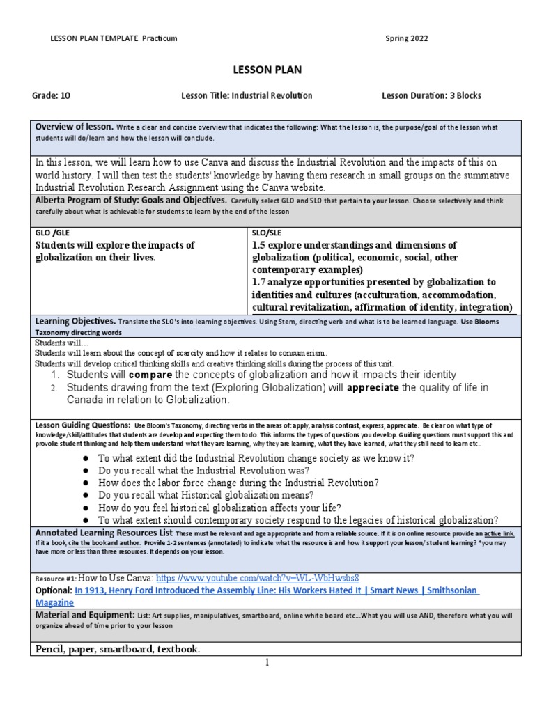 Industrial Revolution Lesson Plan Template | PDF | Lesson Plan | Lesson