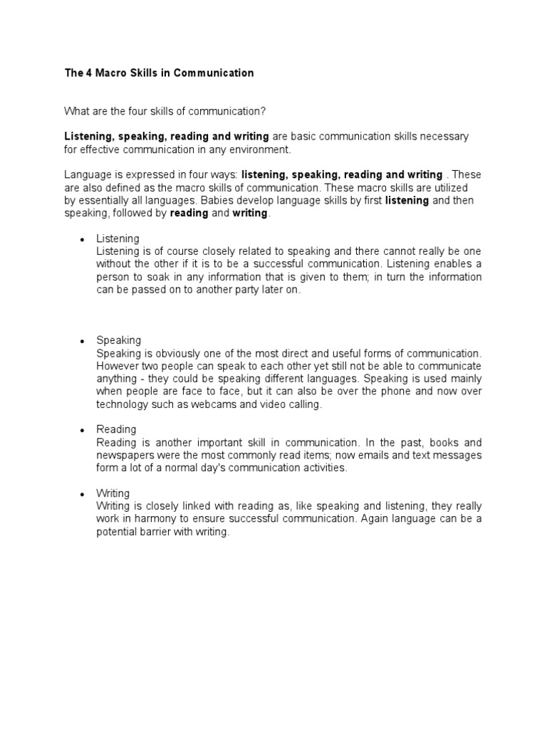 The 4 Macro Skills in Communication | PDF