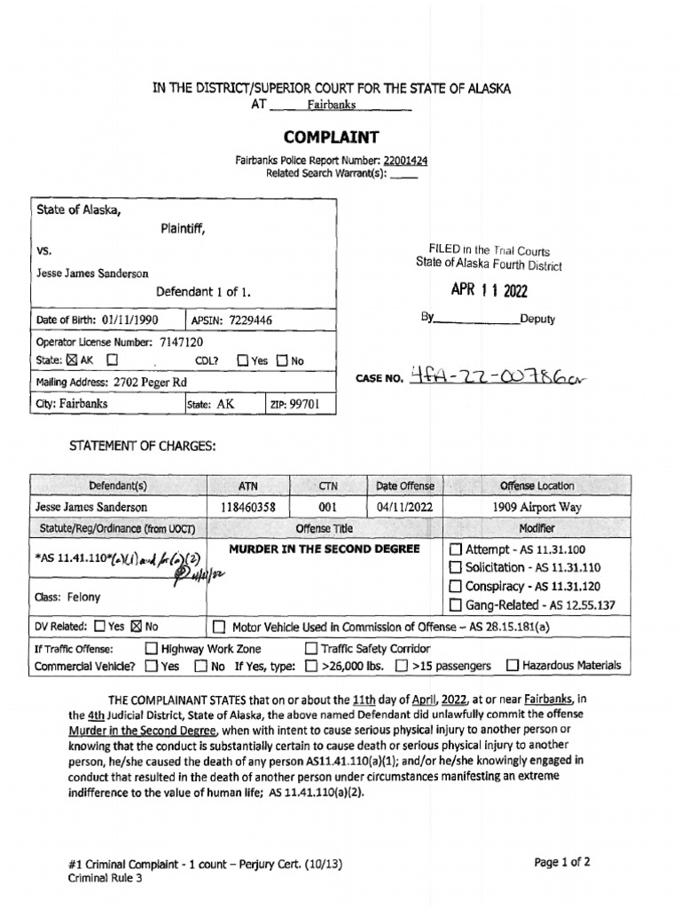 Fairbanks Homicide Charging Document | PDF