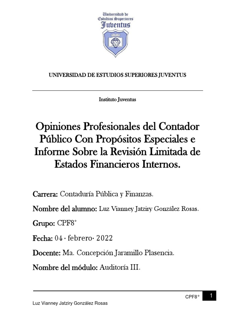 Opiniones Profesionales Del Contador Público Con Propósitos Especiales e Informe Sobre La ...