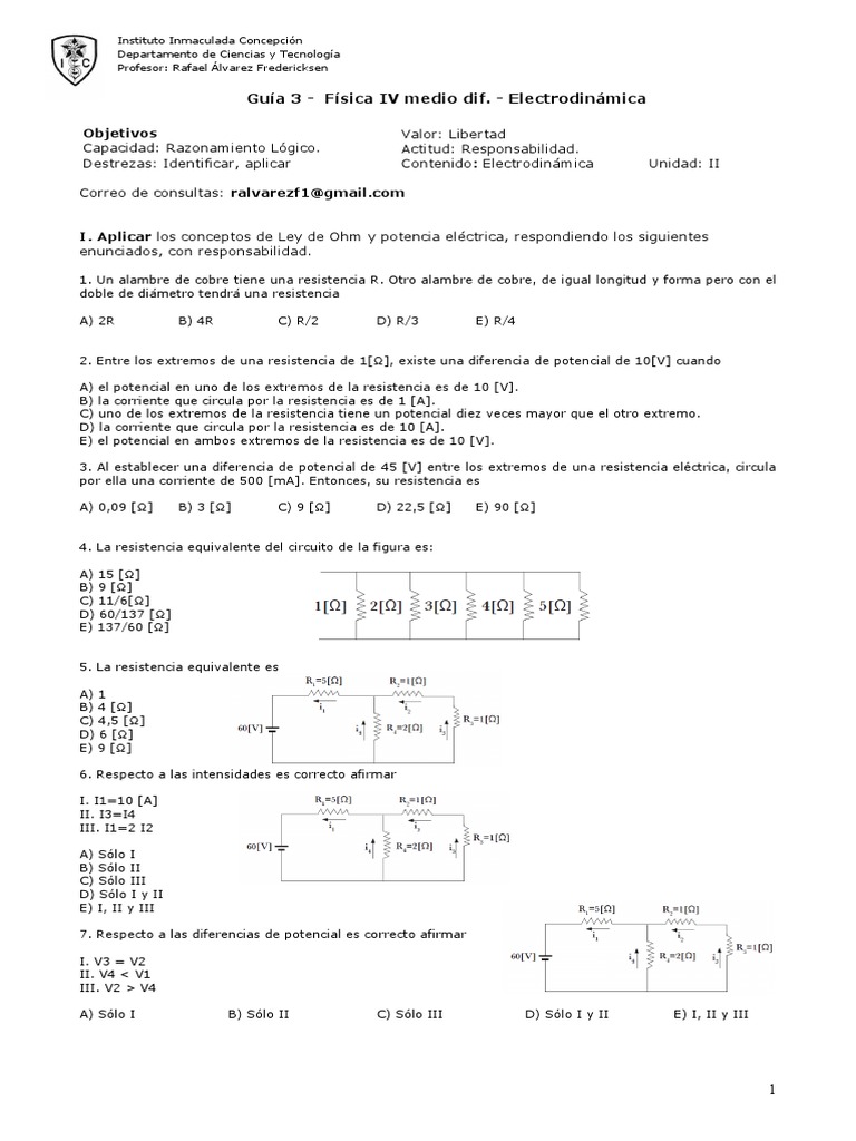 Fisica IV Medio Dif. 1. Guia 3 Electrodinámica R Alvarez | PDF | Resistencia Eléctrica y ...