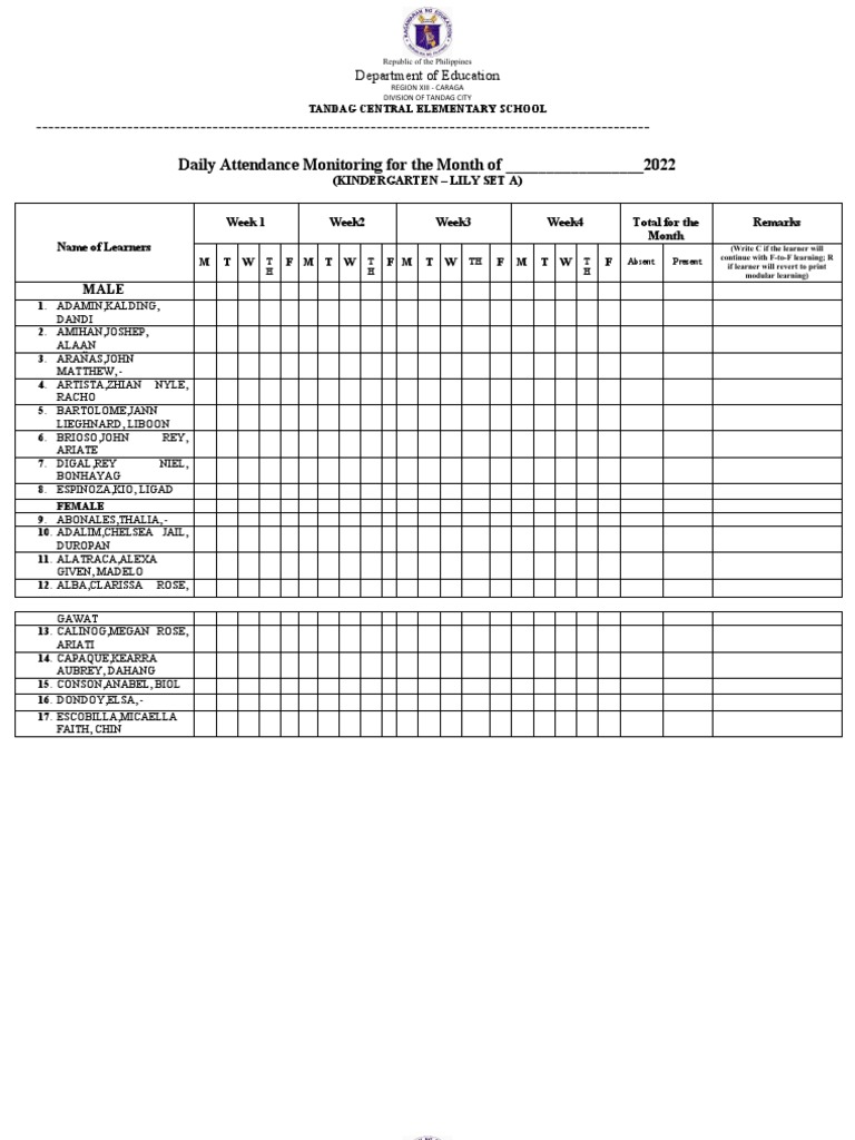Daily-Attendance-Monitoring-Tool KINDERGARTEN LILY SET A | PDF | Family ...