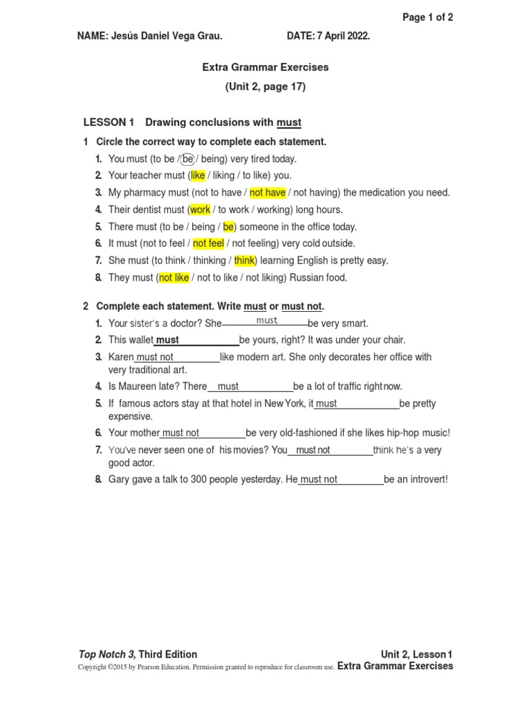 Top Notch 3 - Unit 2 - Extra Grammar. Ivan Josue Soto | PDF