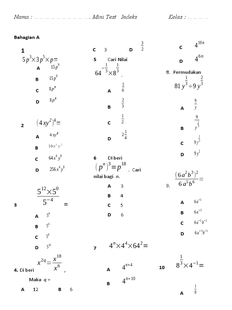 Nama: . Mini Test Indeks Kelas | PDF | Algebra | Mathematics