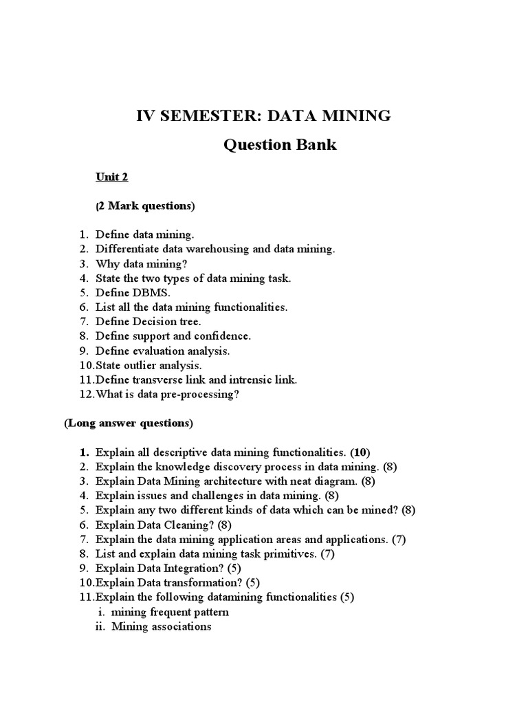 Iv Semester: Data Mining Question Bank: Unit 2 2 Mark Questions) | PDF ...