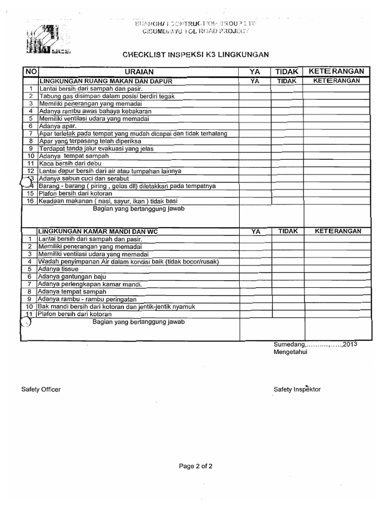 Checklist Inspeksi K3 Lingkungan | PDF