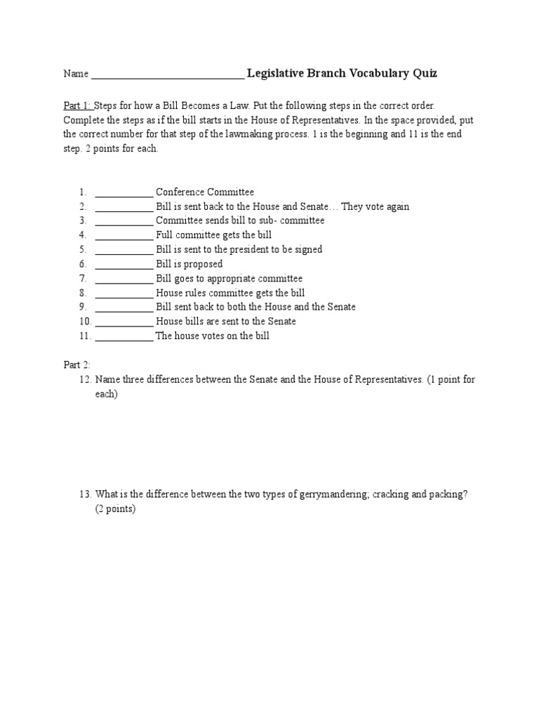 Legislative Branch Vocabulary Quiz | PDF