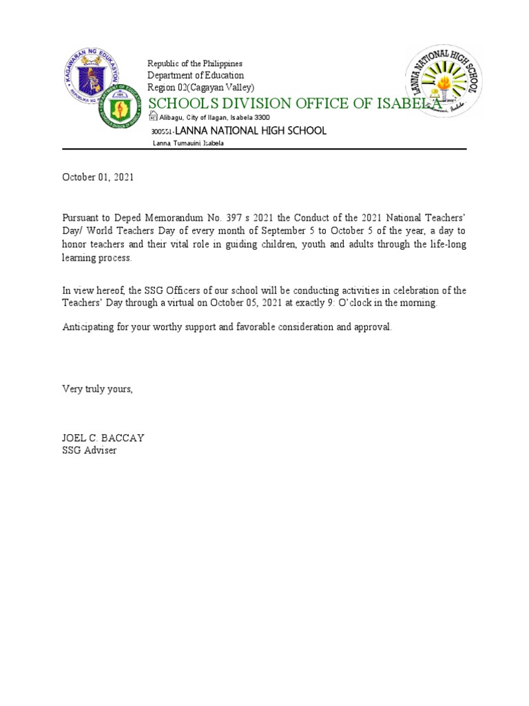 Letter of Teachers Day and Program | PDF