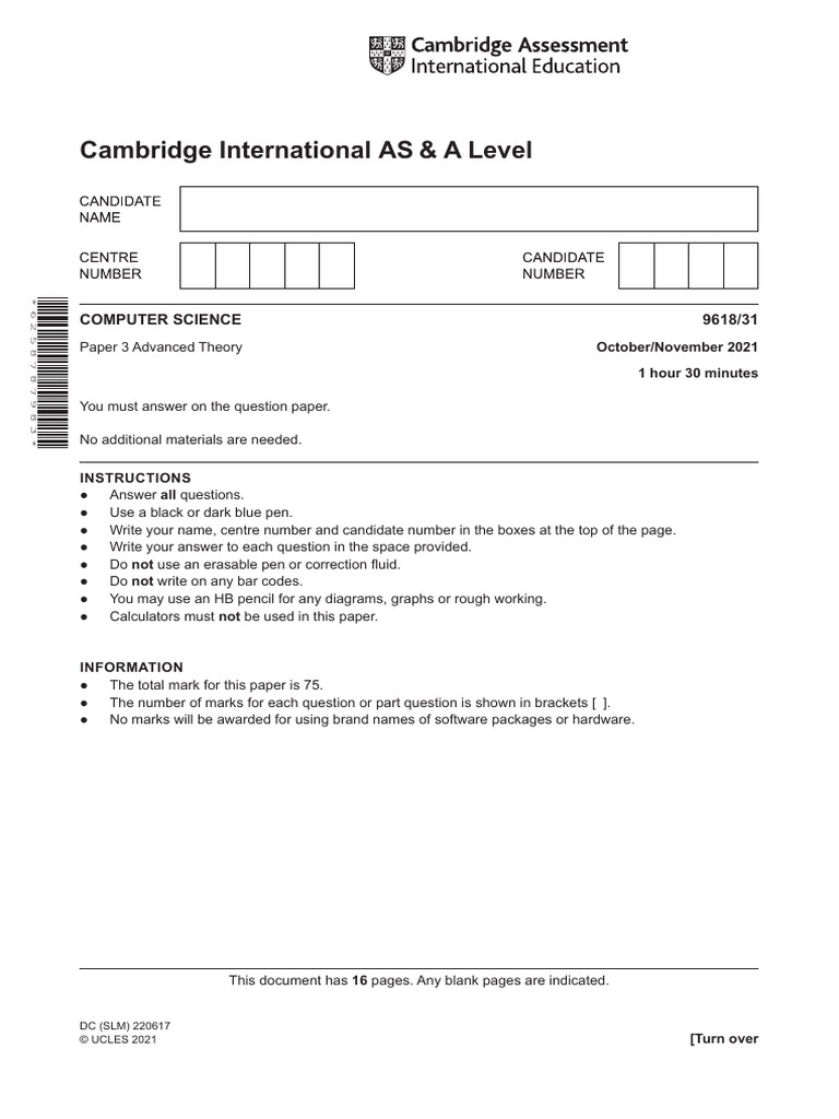 Cambridge International AS & A Level: Computer Science 9618/31 | PDF
