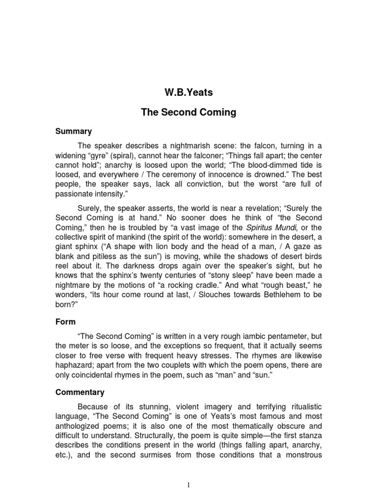 Yeats' The Second Coming Analysis | PDF | W. B. Yeats | Poetry