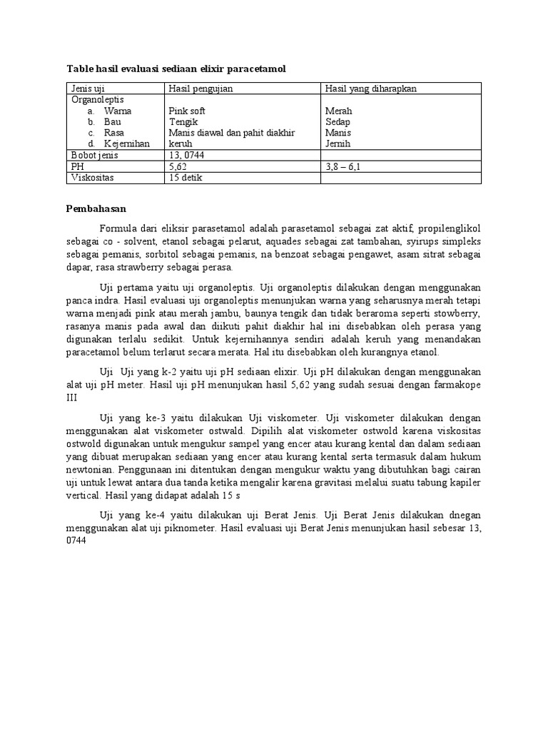 Hasil Evaluasi Sediaan Elixir Paracetamol | PDF