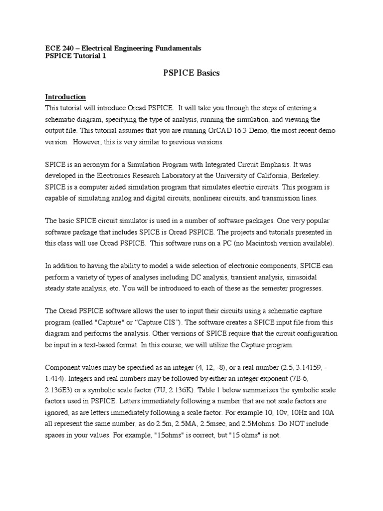 Pspice Tutorial 1 Intro To Pspice Simulation Pdf Spice
