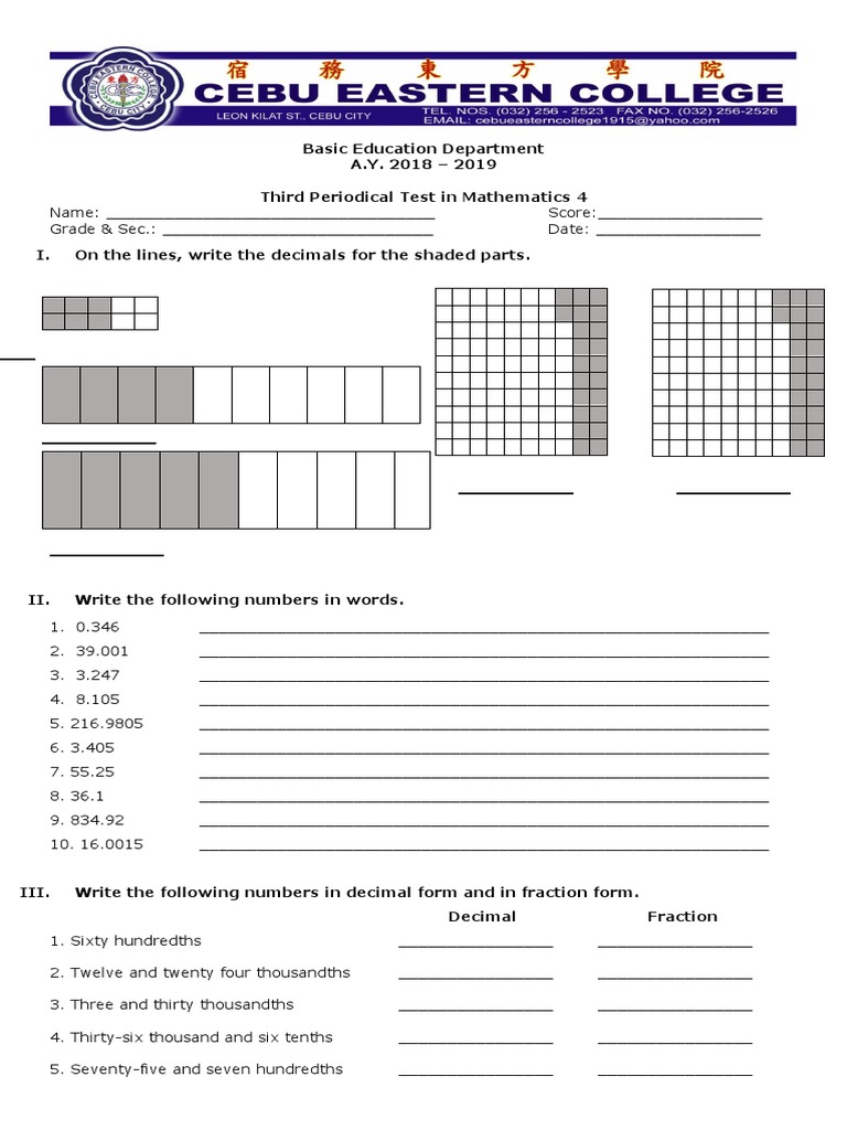 Math 4 Periodical Test: Decimals & Fractions | PDF | Numbers ...