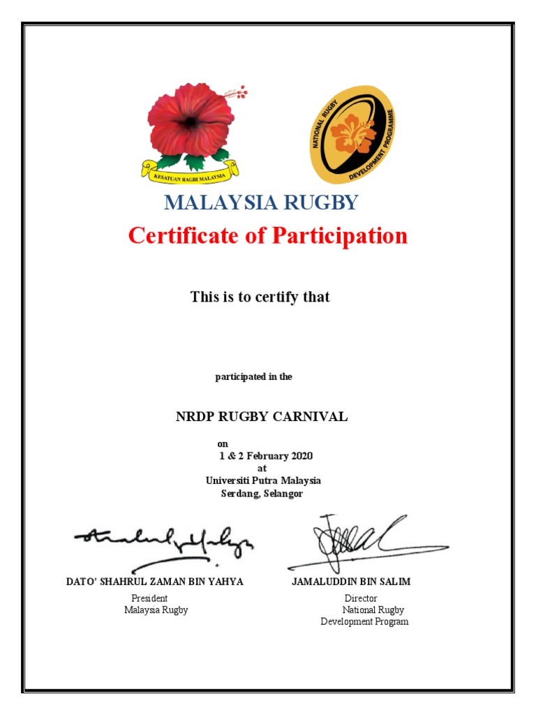 Sijil Penyertaan - Karnival Ragbi NRDP 2020 | PDF