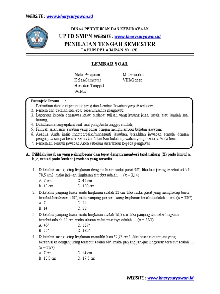 Soal PTS MTK Kelas 8 Genap - WEBSITE WWW - Kherysuryawan.id | PDF | Griya & Taman