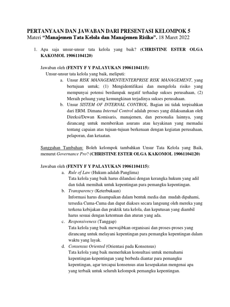 Pertanyaan Dan Jawaban Dari Presentasi Kelompok 5-Materi 3 | PDF