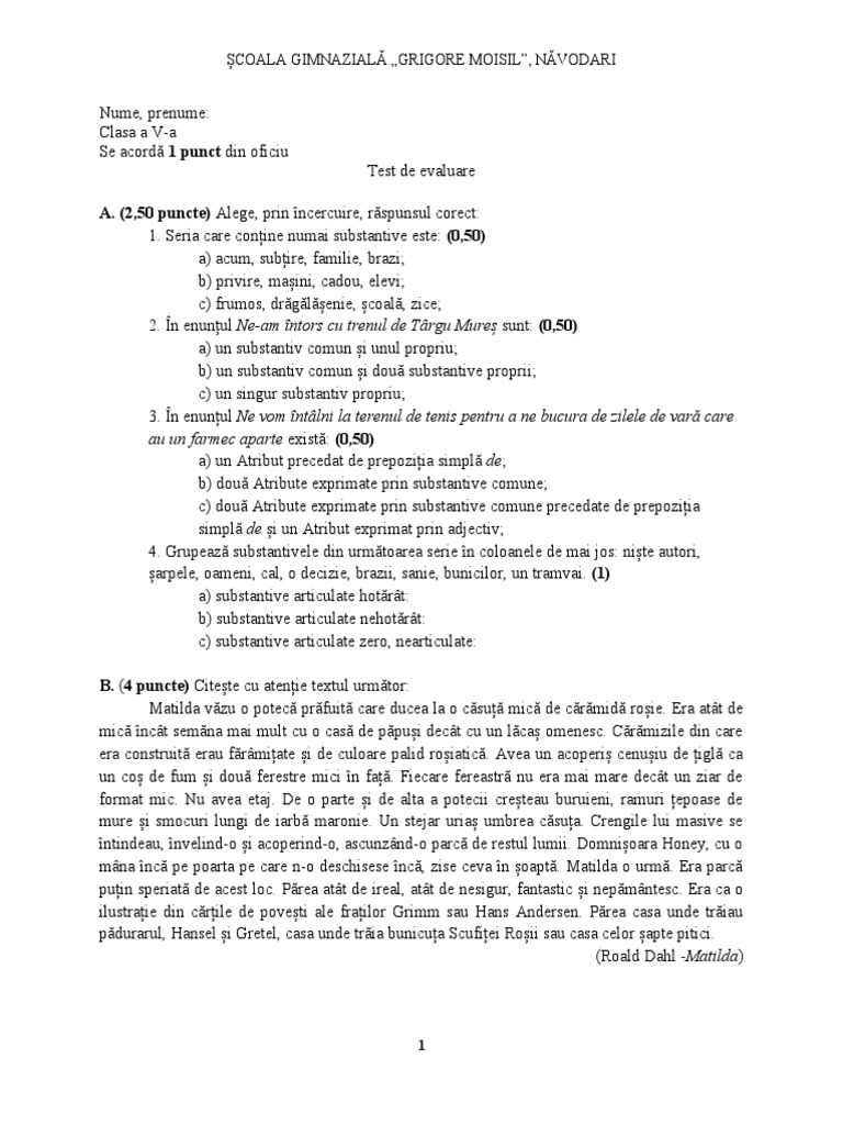Test Clasa A 5a. Unitatea III | PDF