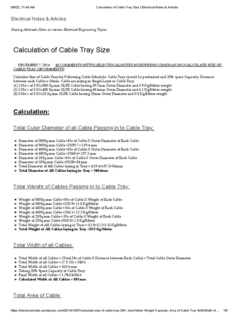 Calculation of Cable Tray Size for Multiple Cable Schedules Including ...