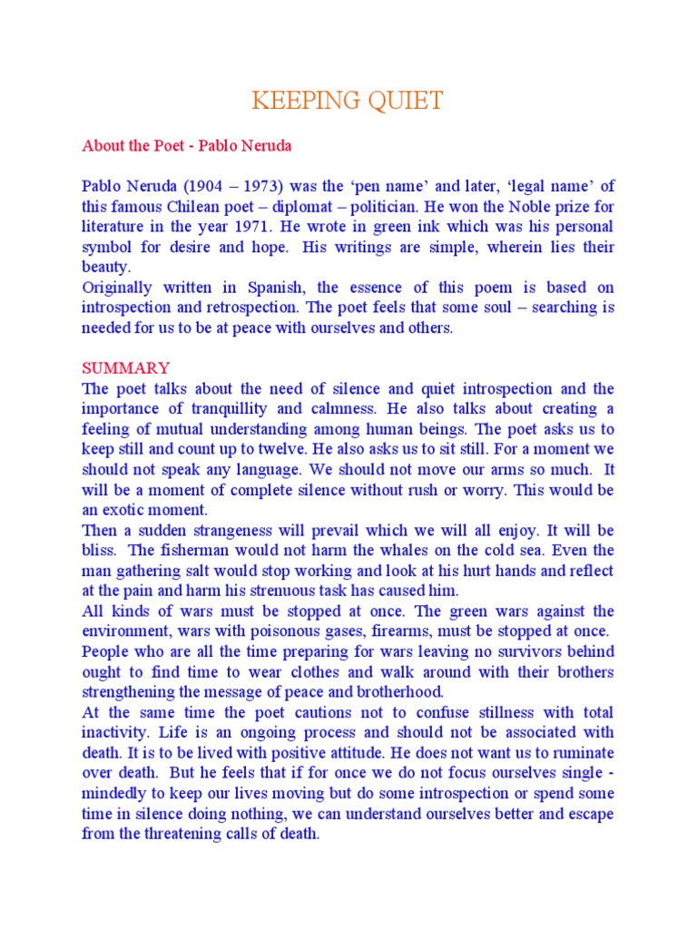 Keeping Quiet: About The Poet - Pablo Neruda | PDF | Peace | Silence