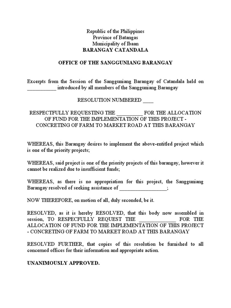 Brgy Resolution - Farm To Market Road | PDF