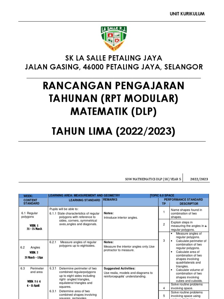 Year 5 Mathematics Teaching Plan 2022 | PDF | Area | Shape
