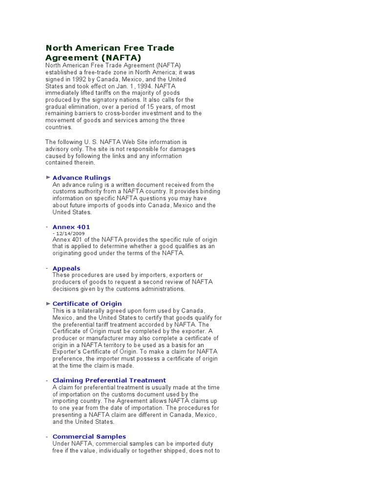 NAFTA Overview and Key Procedures | PDF | North American Free Trade ...