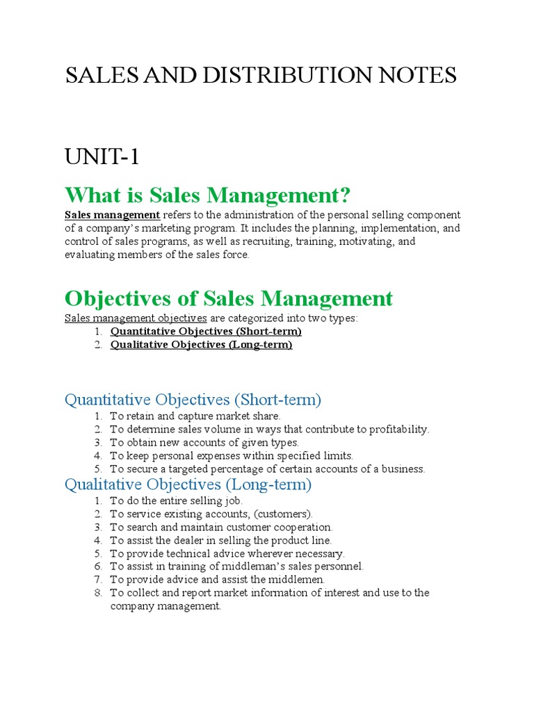 SALES AND DISTRIBUTION NOTES Main Exam | PDF | Retail | Sales