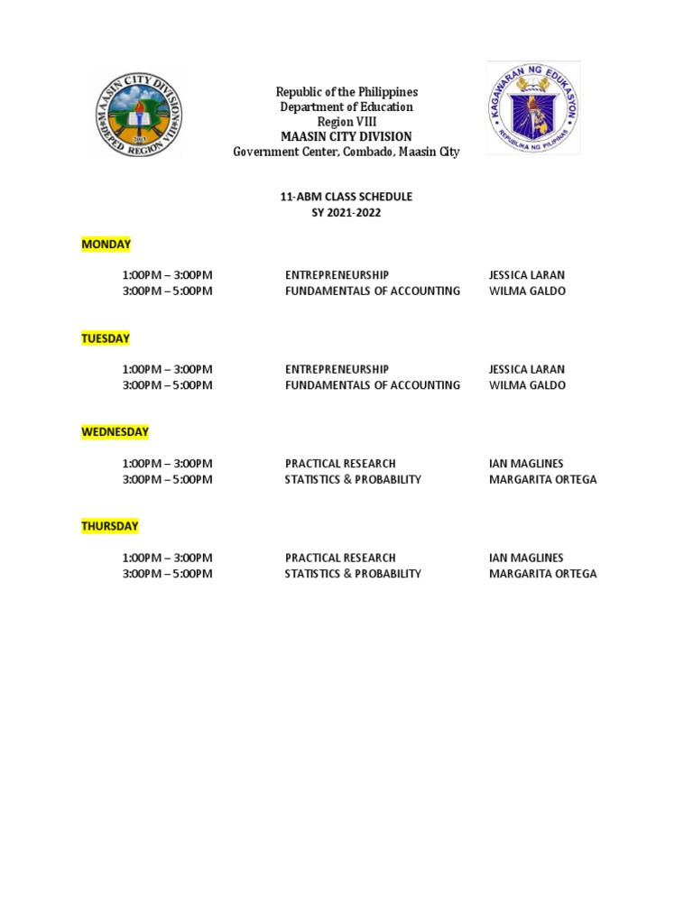 11-Abm Class Schedule | PDF