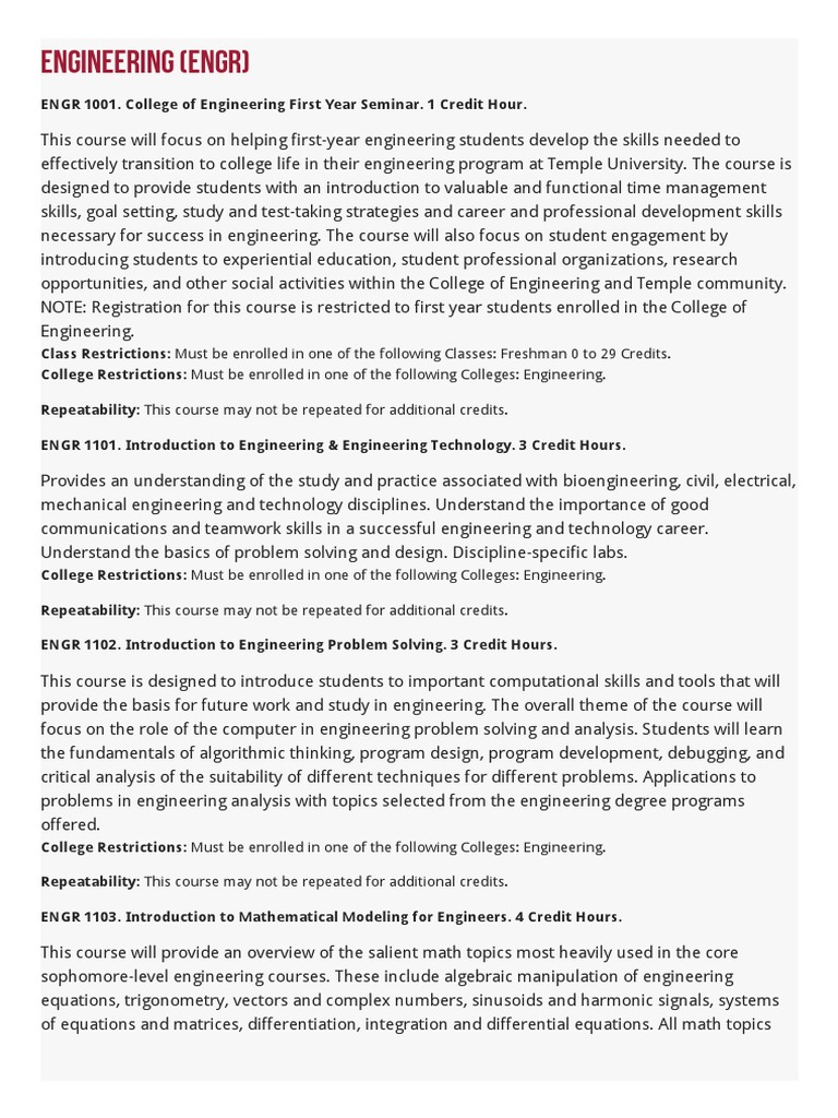 Engineering (ENGR) & Mechanical Engineering (MEE) - Temple University | PDF