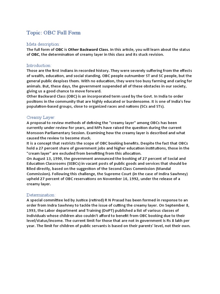 Topic: OBC Full Form: Meta Description | PDF | Social Inequality ...