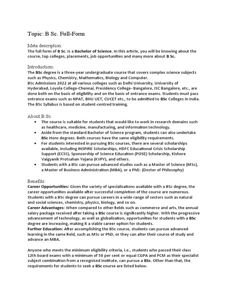 B Sc. Full-Form | PDF