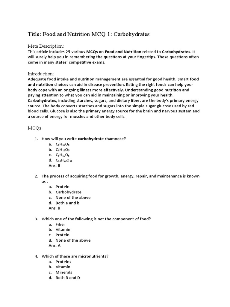 Food and Nutrition MCQ Carbo | PDF | Carbohydrates | Human Nutrition