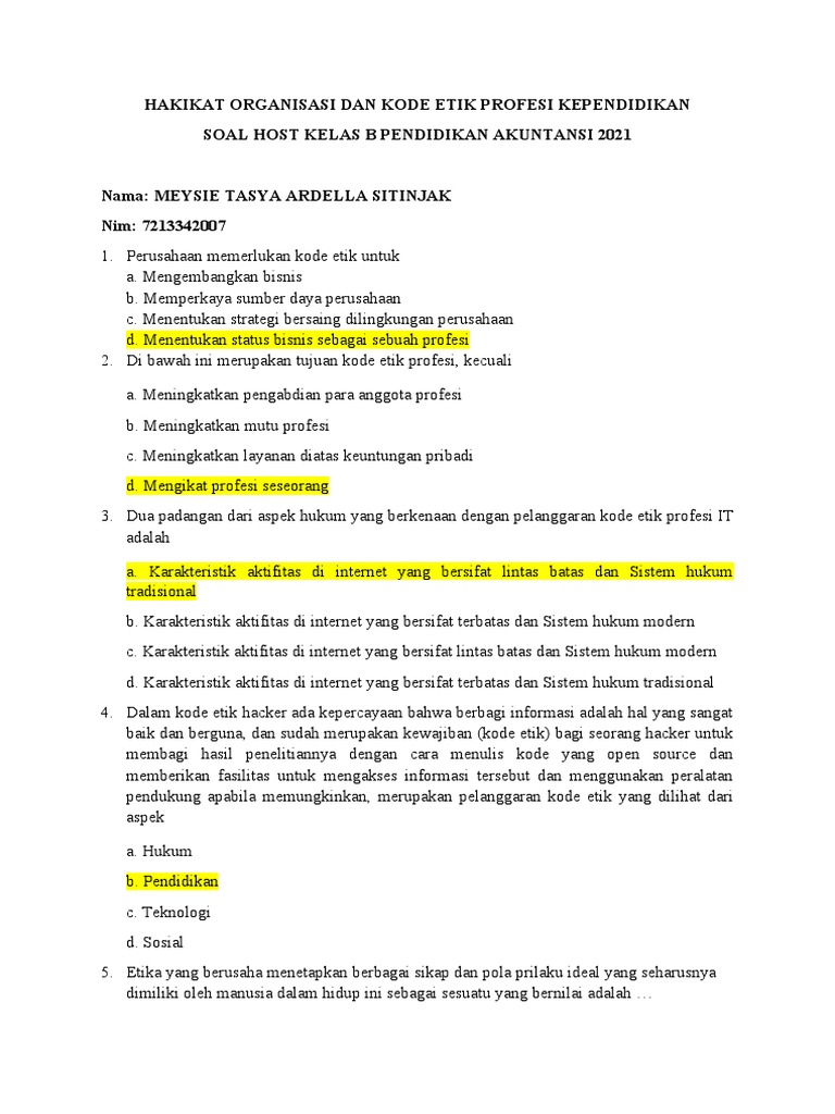Soal Host Profesi Kependidikan Hakikat Organisasi Dan Etika Profesi | PDF