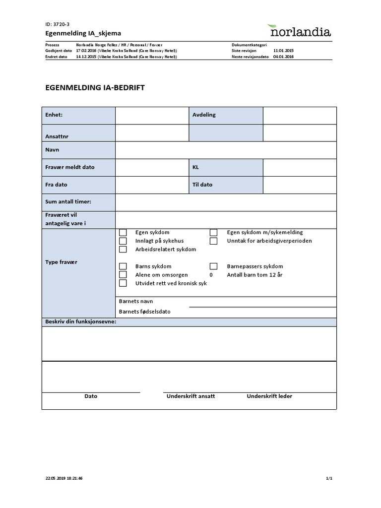 Egenmelding IA - Skjema | PDF