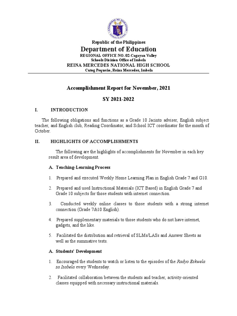 Accomplishment Report (MONTHLY) SY 2021-2022 | PDF
