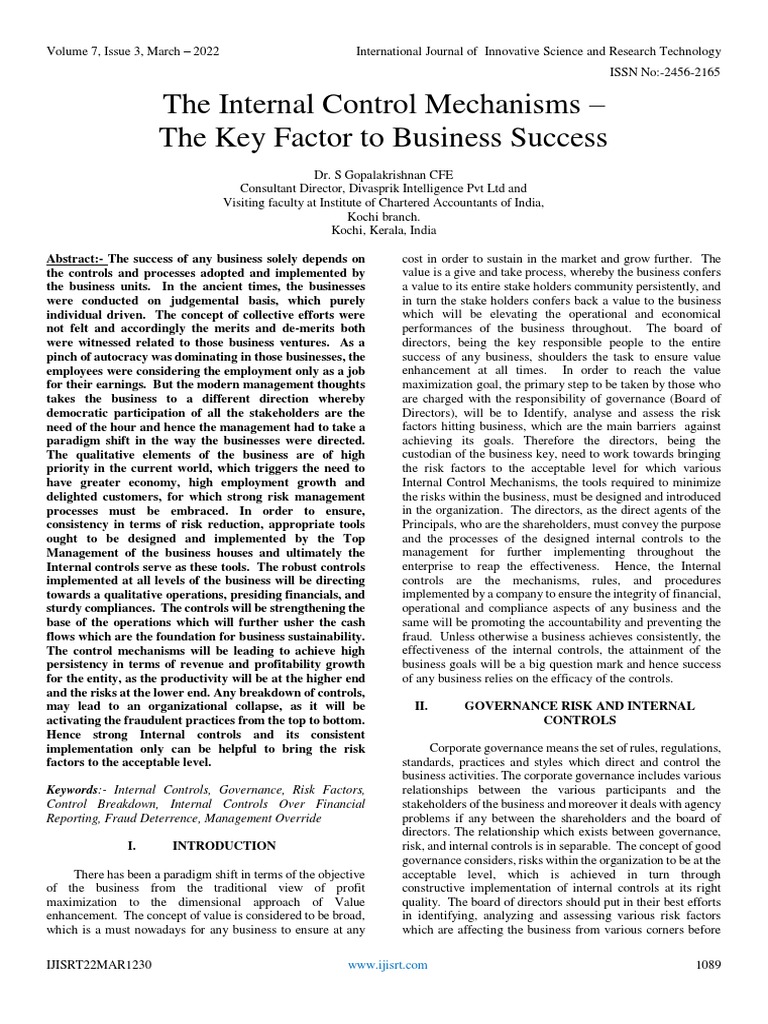 The Internal Control Mechanisms - The Key Factor To Business Success | PDF