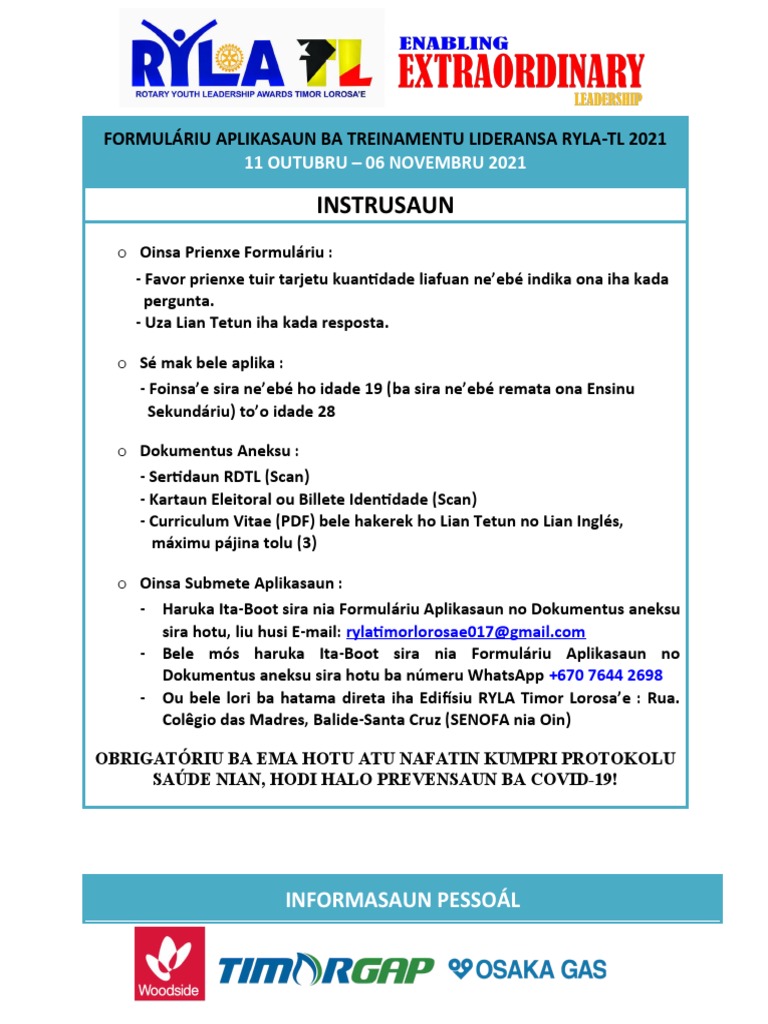 Formuláriu Aplikasaun Ba Treinamentu Ryla-Tl 2021 | PDF