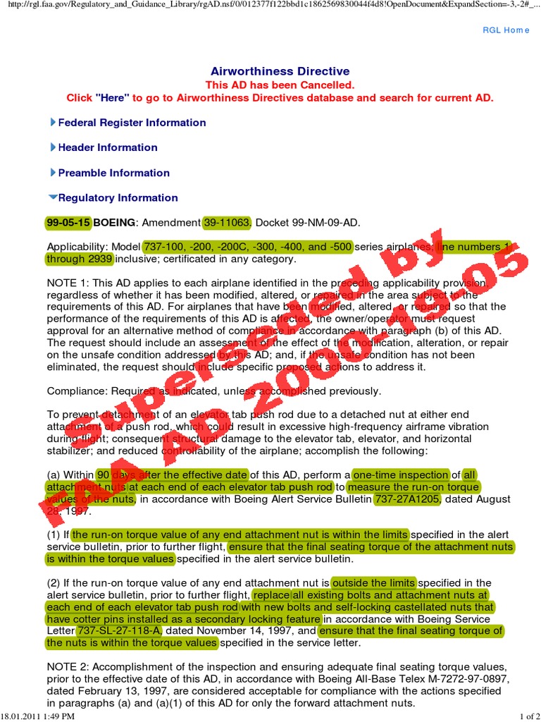 FAA - AD - 737 - AIR - 1999-05-15 - Elevator Tab Push Rod Sup'd by 200 ...