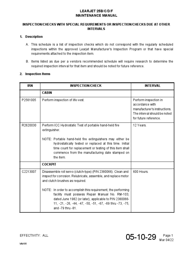 Inspection/Checks With Special Requirements or Inspection/Checks Due at ...